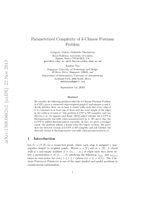 (PDF) Parameterized complexity of k -Chinese Postman Problem