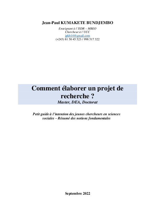 (PDF) Comment élaborer un projet de recherche