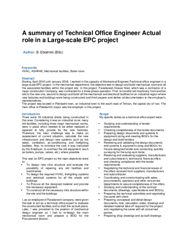(PDF) A summary of Technical Office Engineer Actual role in a Large-scale EPC project