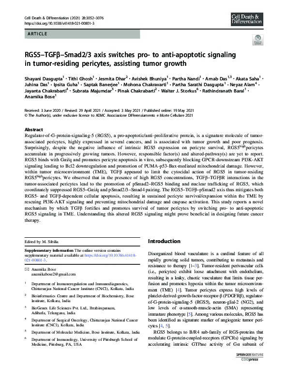 (PDF) RGS5–TGFβ–Smad2/3 axis switches pro- to anti-apoptotic signaling ...