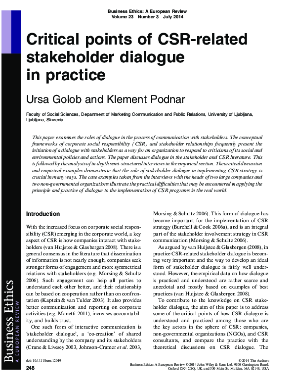 (PDF) Critical points of CSR-related stakeholder dialogue in practice