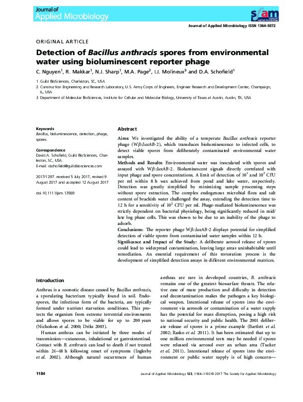 Pdf Detection Of Bacillus Anthracis Spores From Environmental Water Using Bioluminescent