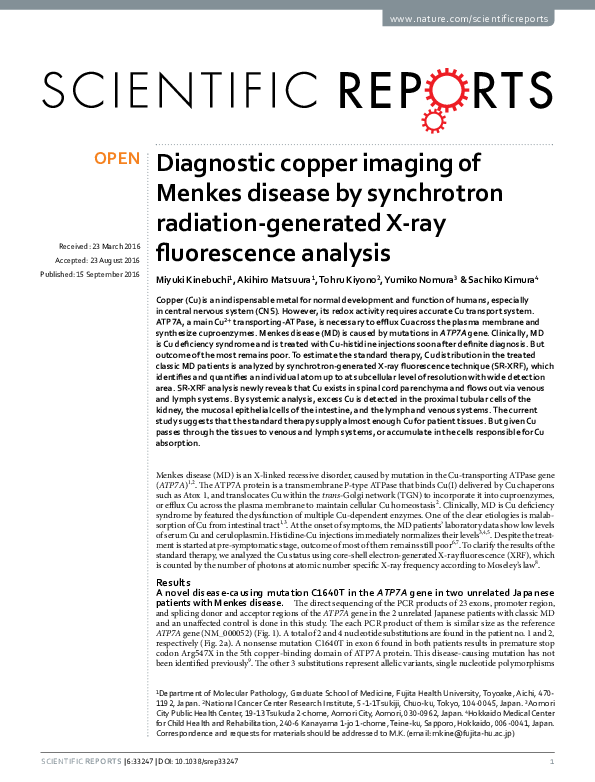 (PDF) Diagnostic copper imaging of Menkes disease by synchrotron ...