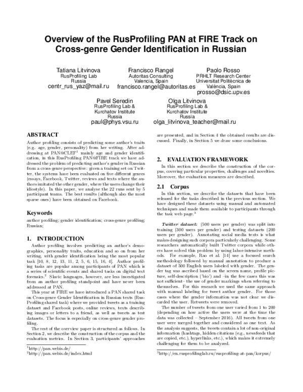 (PDF) Overview of the RUSProfiling PAN at FIRE Track on Cross-genre ...
