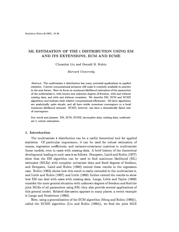 (PDF) ML estimation of the t distribution using EM and its extensions, ECM and ECME