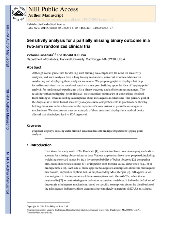 Pdf Sensitivity Analysis For A Partially Missing Binary Outcome In A Two Arm Randomized