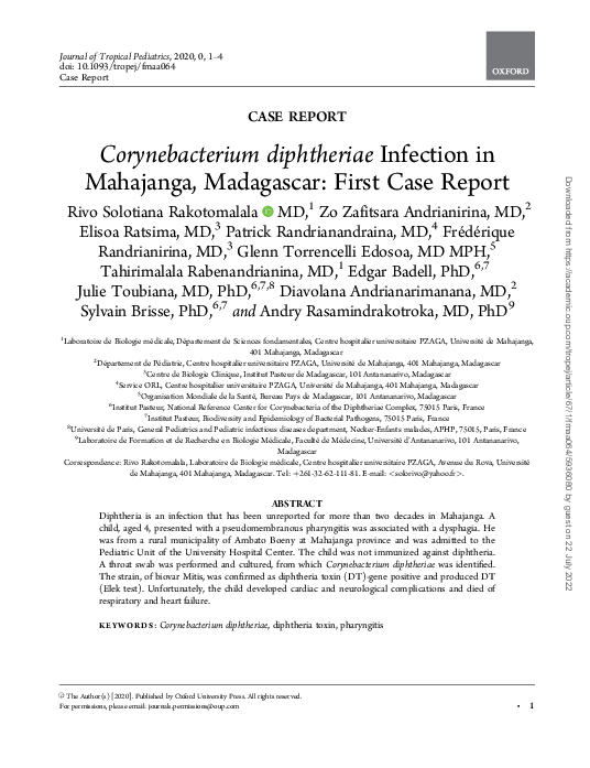 (PDF) Corynebacterium diphtheriae Infection in Mahajanga, Madagascar ...