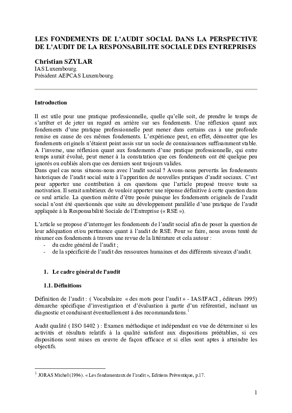 (PDF) LES FONDEMENTS DE L'AUDIT SOCIAL DANS LA PERSPECTIVE DE L'AUDIT DE LA RESPONSABILITE ...