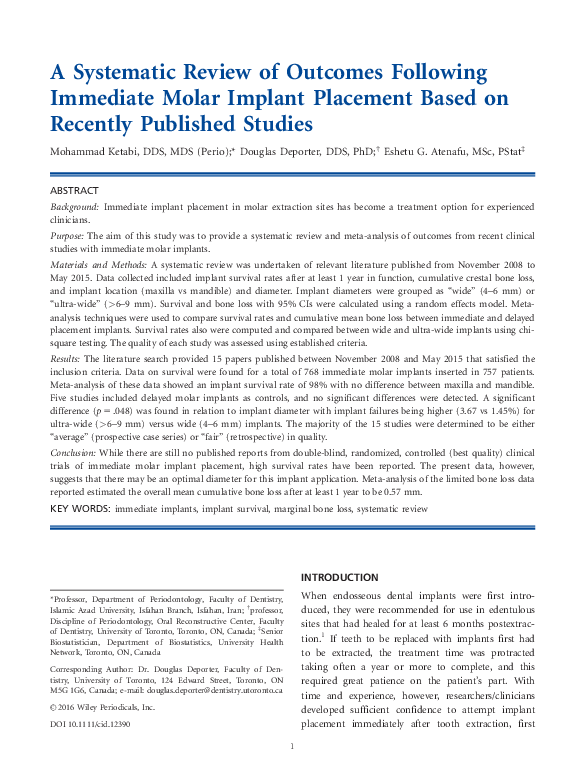 (PDF) A Systematic Review of Outcomes Following Immediate Molar Implant Placement Based on ...