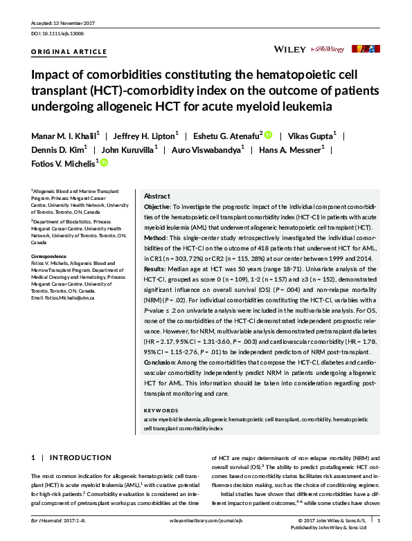 (PDF) Impact of comorbidities constituting the hematopoietic cell transplant (HCT)-comorbidity ...