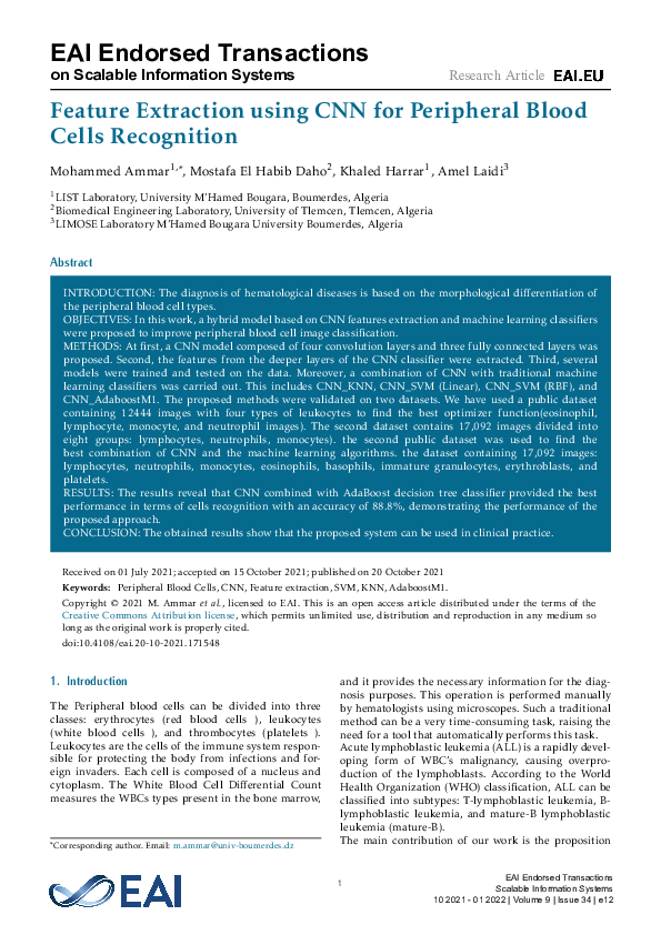 (PDF) Feature Extraction using CNN for Peripheral Blood Cells Recognition