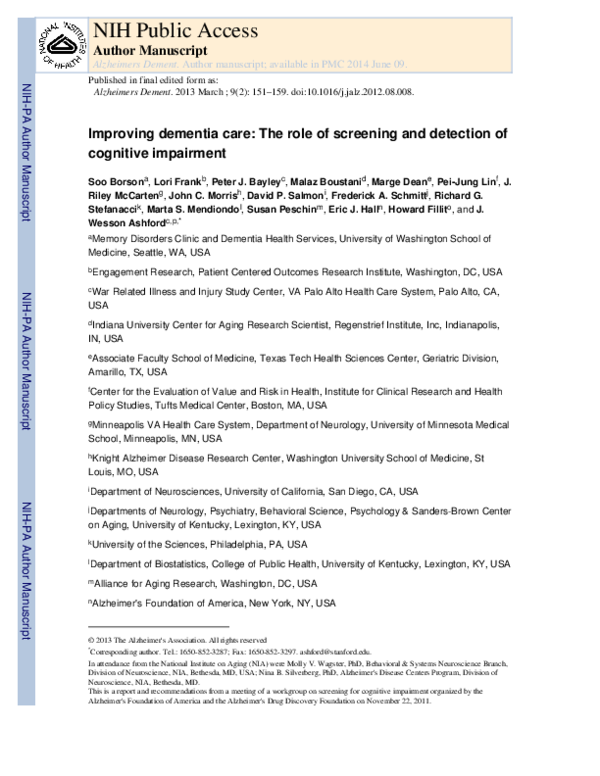 (PDF) Improving dementia care: The role of screening and detection of cognitive impairment