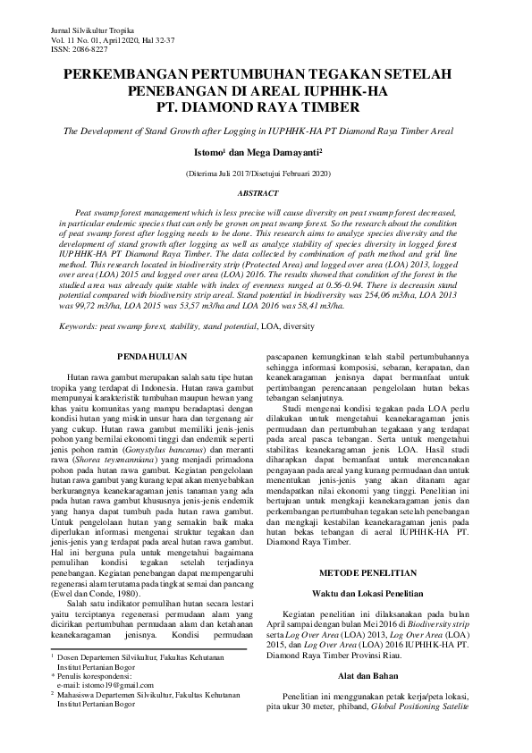 (PDF) Perkembangan Pertumbuhan Tegakan Setelah Penebangan di Areal ...