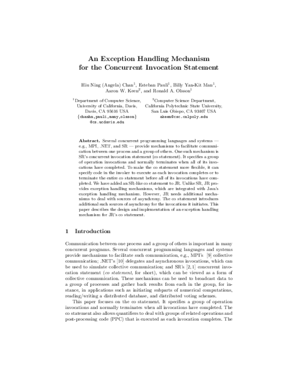 (PDF) An Exception Handling Mechanism for the Concurrent Invocation Statement