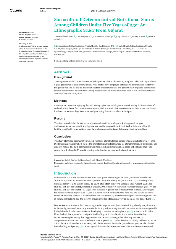 Pdf Sociocultural Determinants Of Nutritional Status Among Children