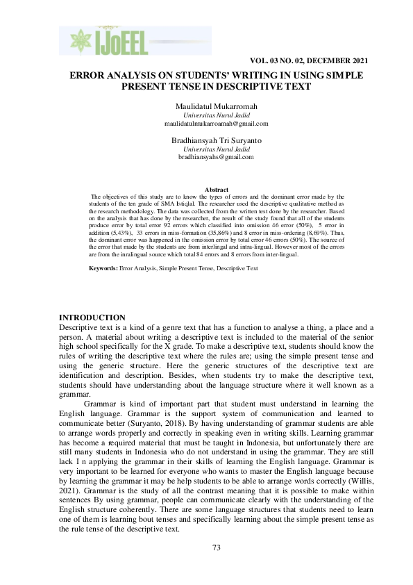 (PDF) Error Analysis on Students’ Writing in Using Simple Present Tense in Descriptive Text