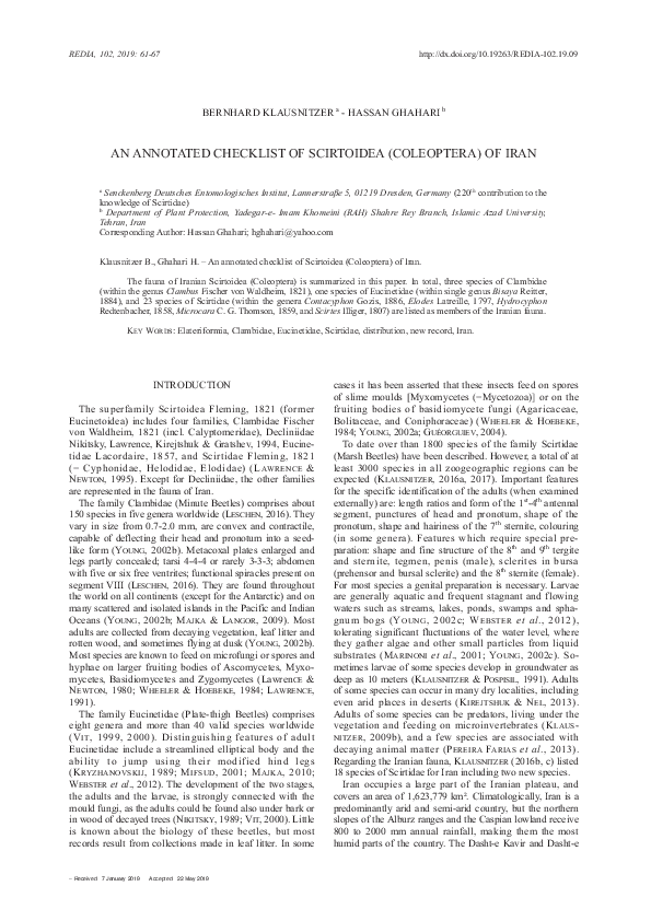 (PDF) An Annotated Checklist of Scirtoidea (Coleoptera) of Iran