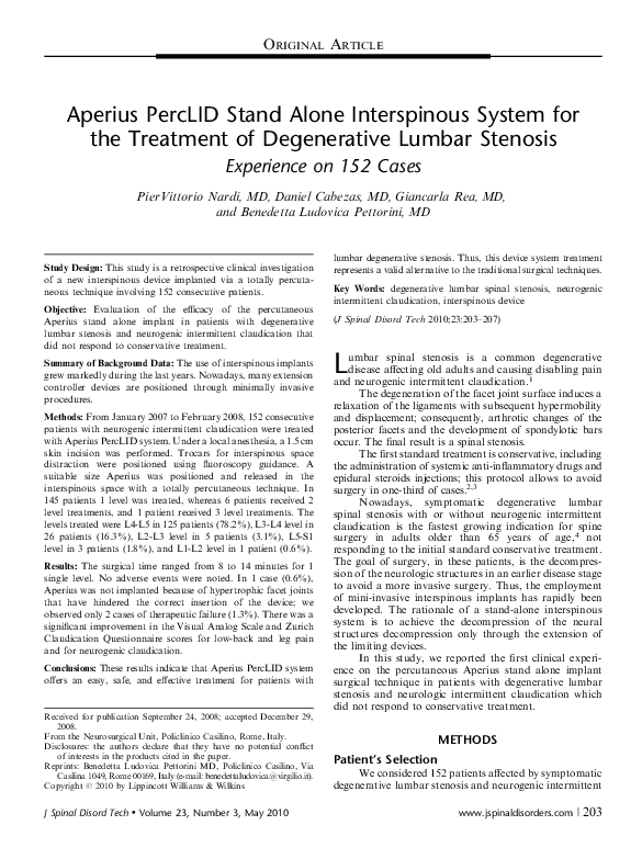 (PDF) Aperius PercLID Stand Alone Interspinous System for the Treatment ...