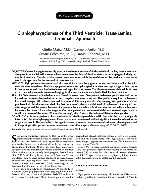 (PDF) Craniopharyngiomas of the Third Ventricle: Trans-Lamina ...