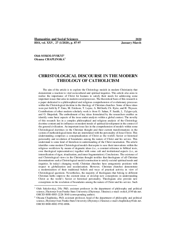 (PDF) Christological discourse in the modern theology of catholicism