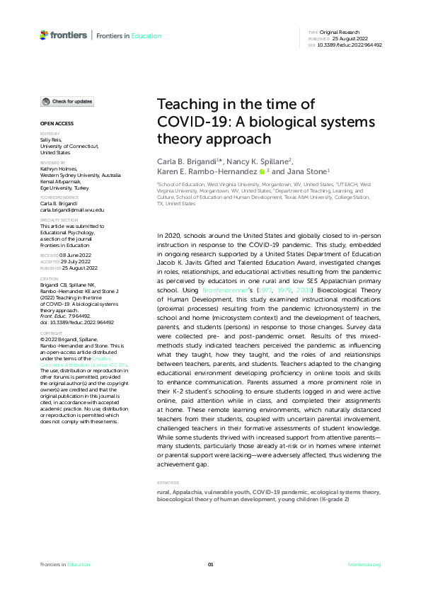 (PDF) Teaching in the time of COVID-19: A biological systems theory ...