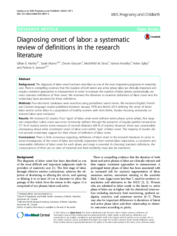 (PDF) Diagnosing onset of labor: a systematic review of definitions in the research literature