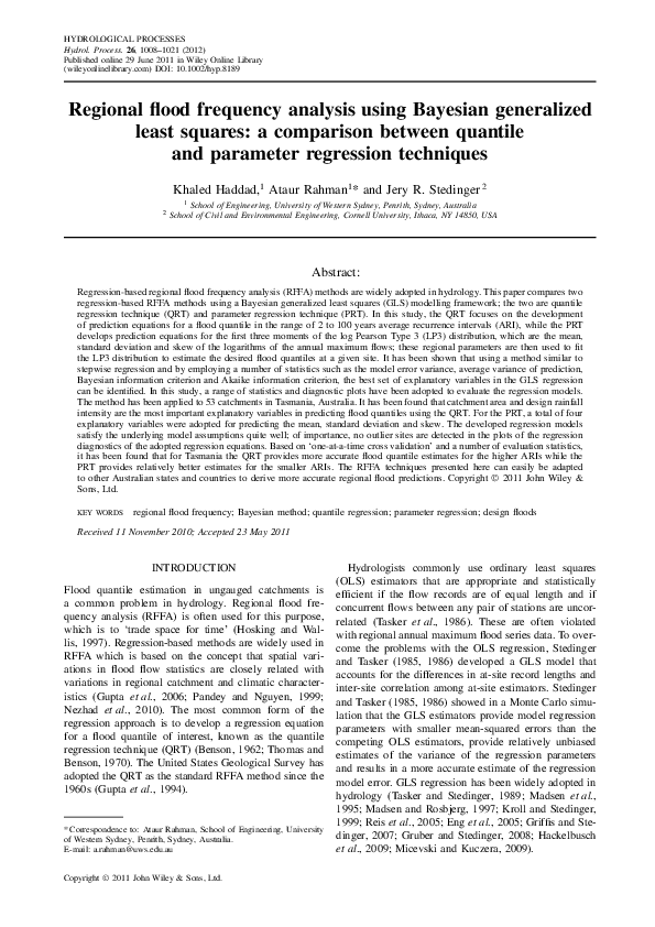 (PDF) Regional flood frequency analysis using Bayesian generalized least squares: a comparison ...