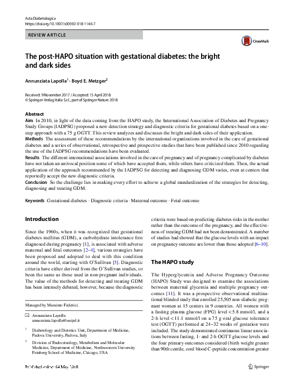 (PDF) The post-HAPO situation with gestational diabetes: the bright and ...