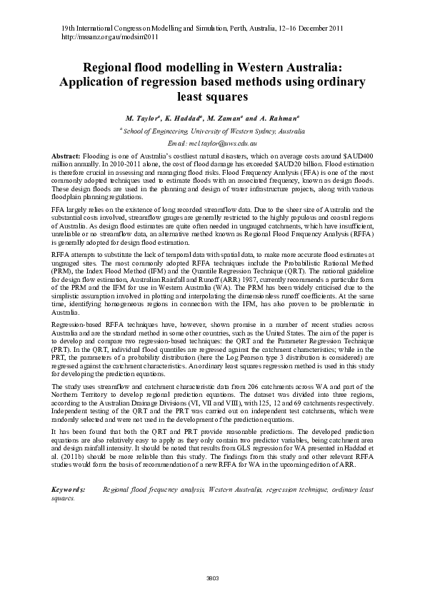 Pdf Regional Flood Modelling In Western Australia Application Of