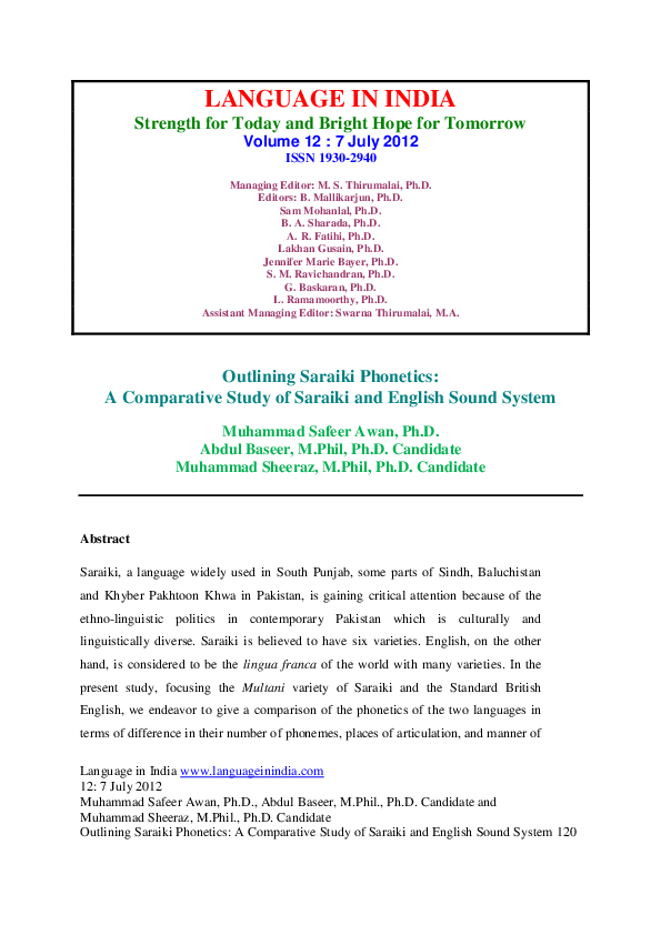(PDF) Outlining Saraiki Phonetics: A Comparative Study of Saraiki and ...