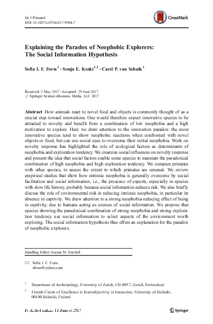 (PDF) Explaining the Paradox of Neophobic Explorers: The Social ...