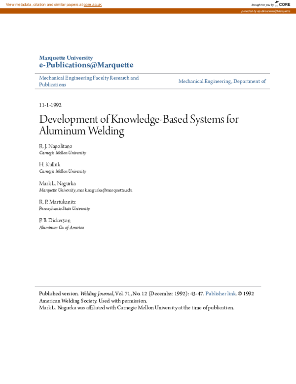 (PDF) Development of Knowledge-Based Systems for Aluminum Welding