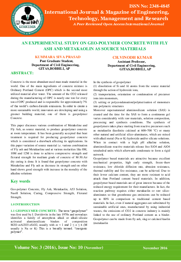 (PDF) AN EXPERIMENTAL STUDY ON GEO-POLYMER CONCRETE WITH FLY ASH AND ...