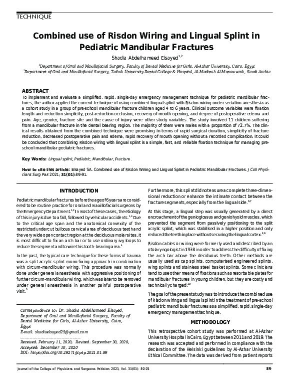 (PDF) Combined use of Risdon Wiring and Lingual Splint in Pediatric ...