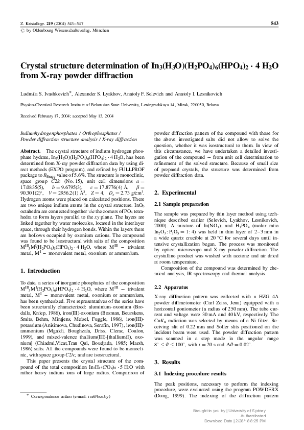 (PDF) Crystal structure determination of In 3 (H 3 O)(H 2 PO 4 ) 6 (HPO ...