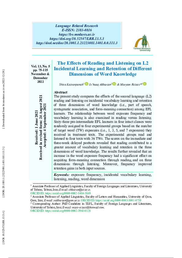 (PDF) The Effects of Reading and Listening on L2 Incidental Learning ...