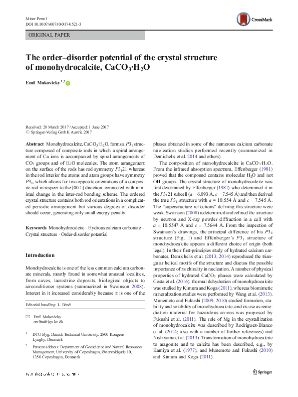 (PDF) The order–disorder potential of the crystal structure of monohydrocalcite, CaCO3·H2O