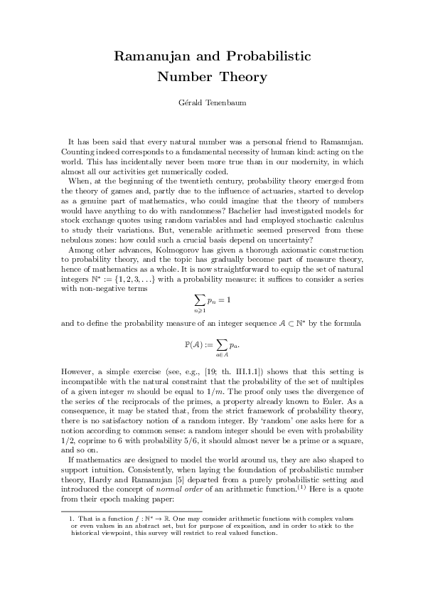 (PDF) Ramanujan and Probabilistic Number Theory