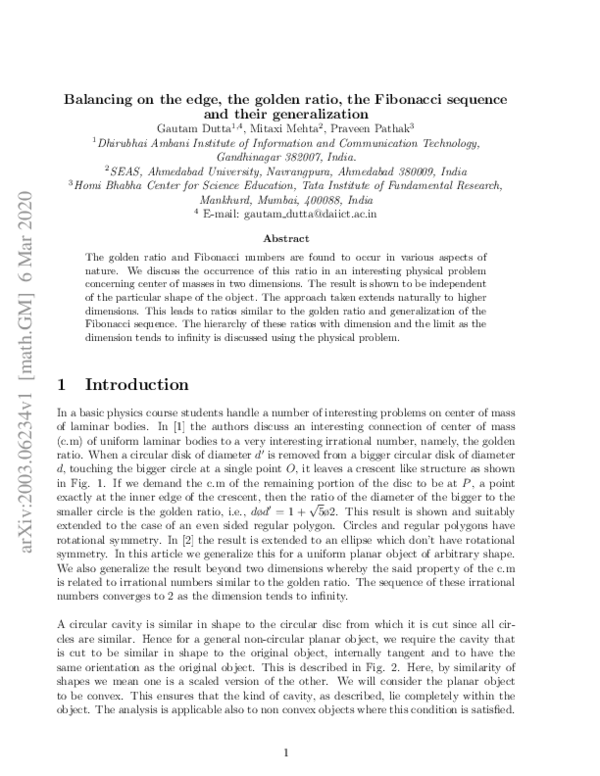 (PDF) Balancing on the edge, the golden ratio, the Fibonacci sequence and their generalization