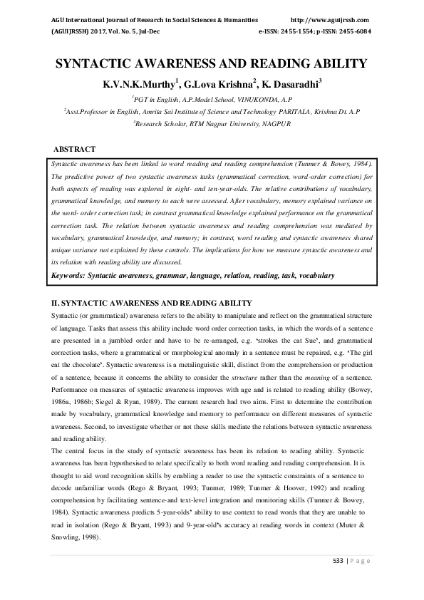(PDF) Syntactic Awareness and Reading Ability