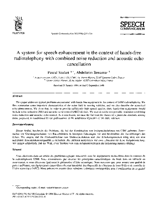 (PDF) A system for speech enhancement in the context of hands-free radiotelephony with combined ...