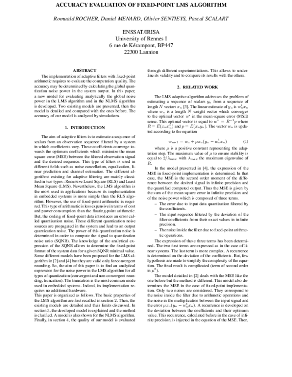 Pdf Accuracy Evaluation Of Fixed Point Lms Algorithm Pascal Scalart