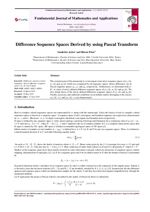 (PDF) Difference Sequence Spaces Derived by using Pascal Transform