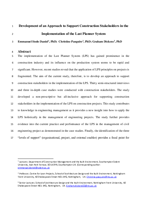 (PDF) Development of Approach to Support Construction Stakeholders in Implementation of the Last ...