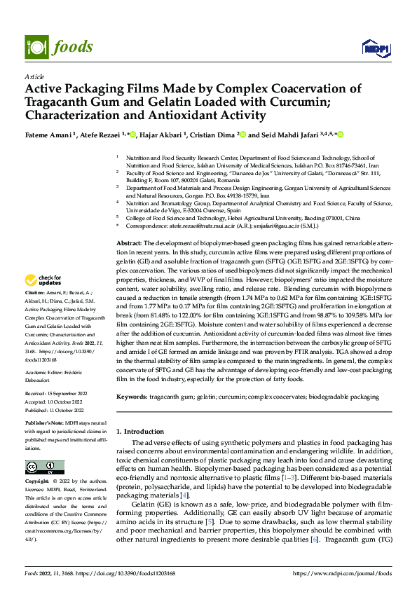 (PDF) Active Packaging Films Made by Complex Coacervation of Tragacanth Gum and Gelatin Loaded ...