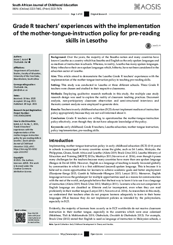 (PDF) Grade R teachers’ experiences with the implementation of the mother-tongue-instruction ...