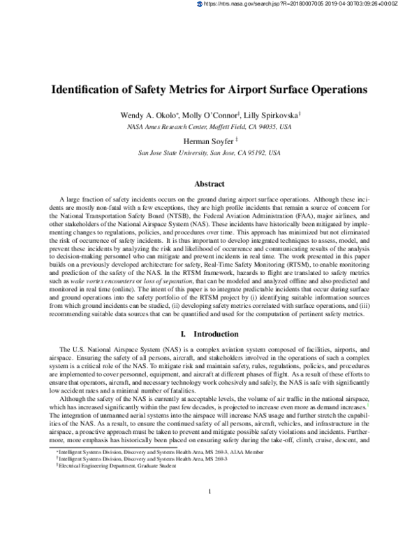 (PDF) Identification of Safety Metrics for Airport Surface Operations