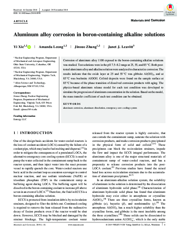 (PDF) Aluminum alloy corrosion in boron‐containing alkaline solutions