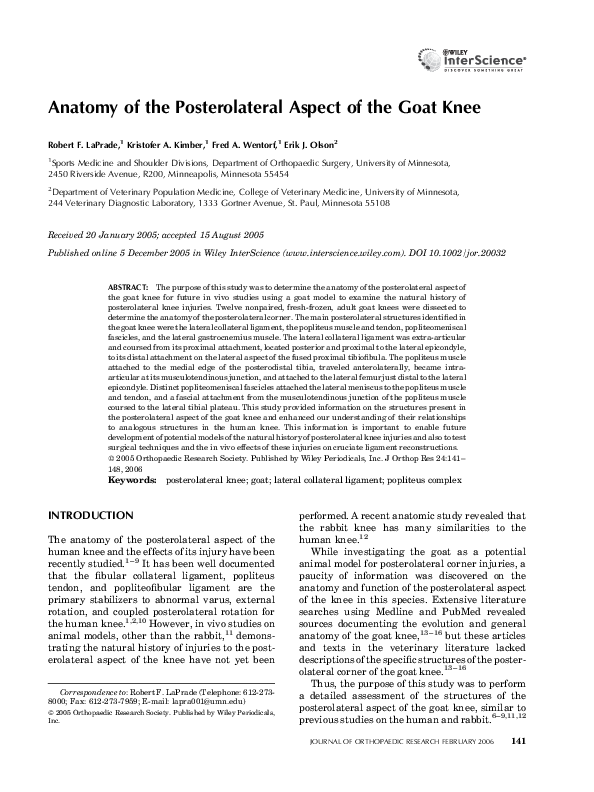(PDF) Anatomy of the posterolateral aspect of the goat knee | Fred ...