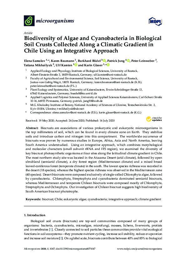 (PDF) Biodiversity of Algae and Cyanobacteria in Biological Soil Crusts Collected Along a ...